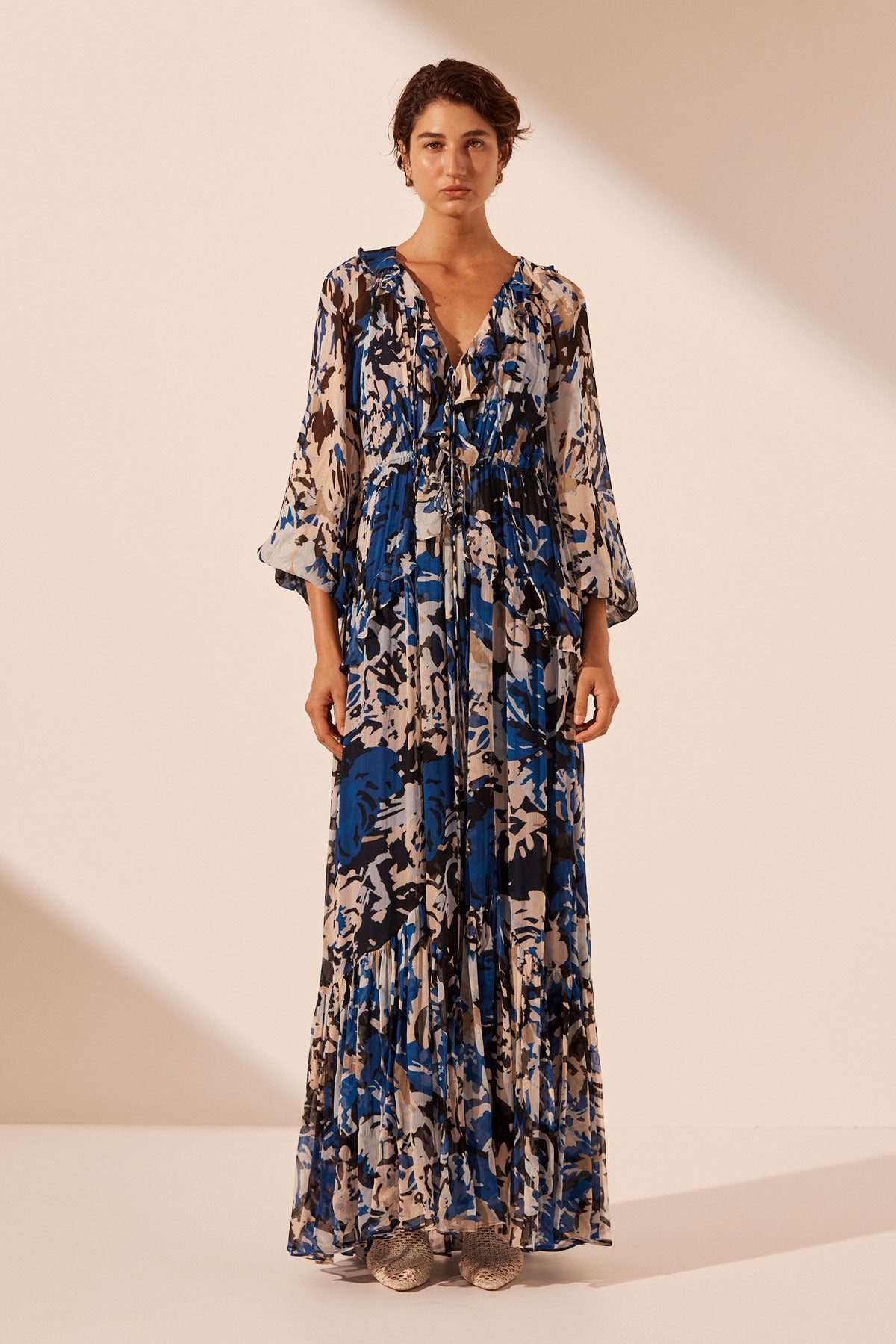 OLEA DRAWSTRING RUFFLE MAXI DRESS | AZURE/MULTI | DRESSES | SHONA JOY ...