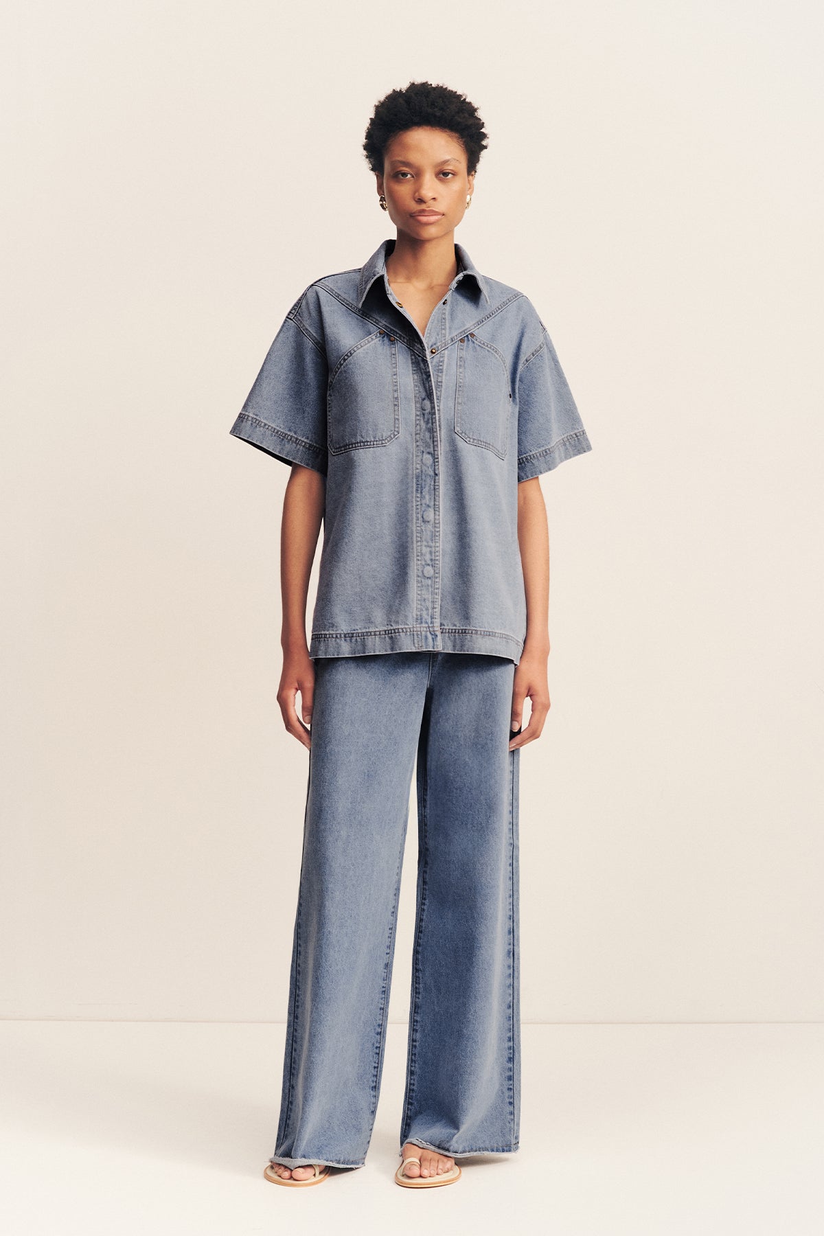STELLA SHORT SLEEVE SHIRT | MID BLUE | TOPS | SHONA JOY – Shona Joy